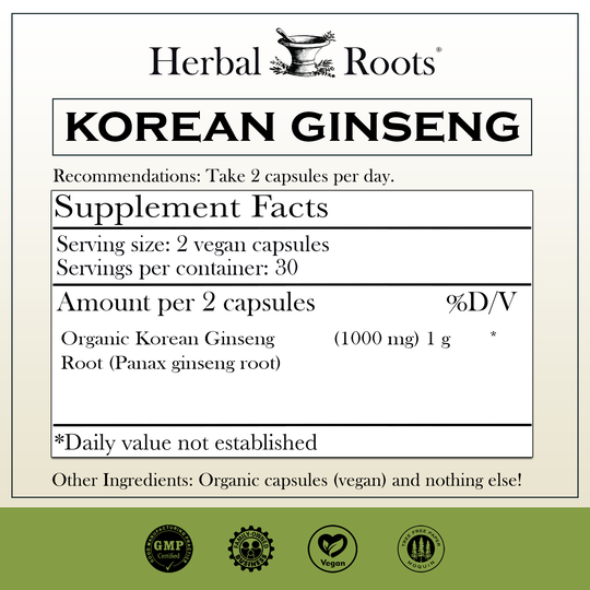 Pure Korean Panax Ginseng Organic - 60 Count - 1000 mg – Herbal Roots