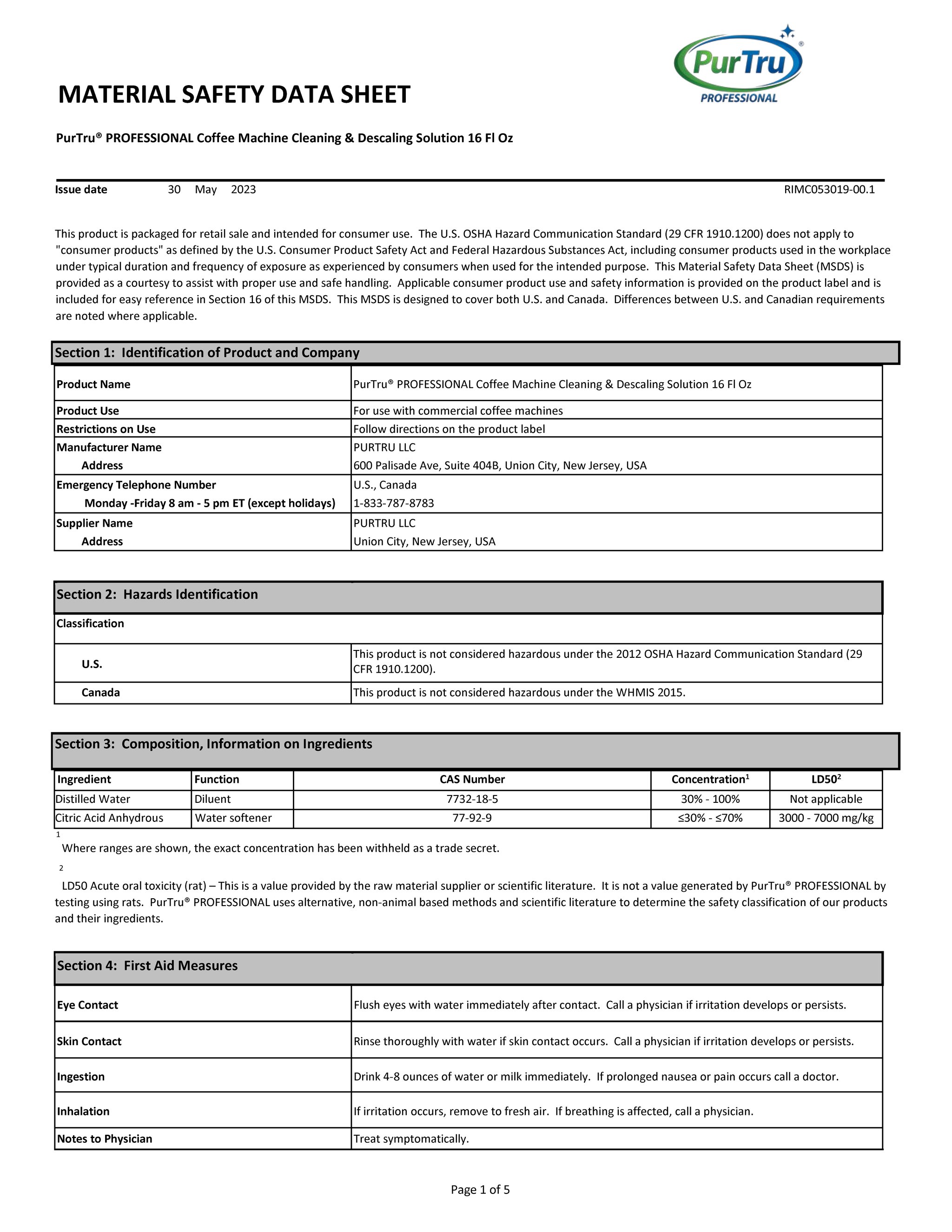 PurTru® PROFESSIONAL Safety Data Sheets