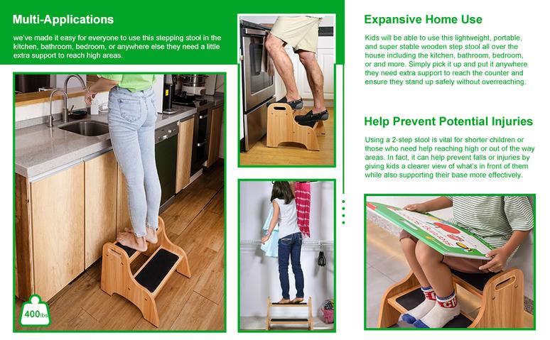 StrongTek Wood 2 Step Stool for Kids, Non-Slip, Portable, Up to 300lbs