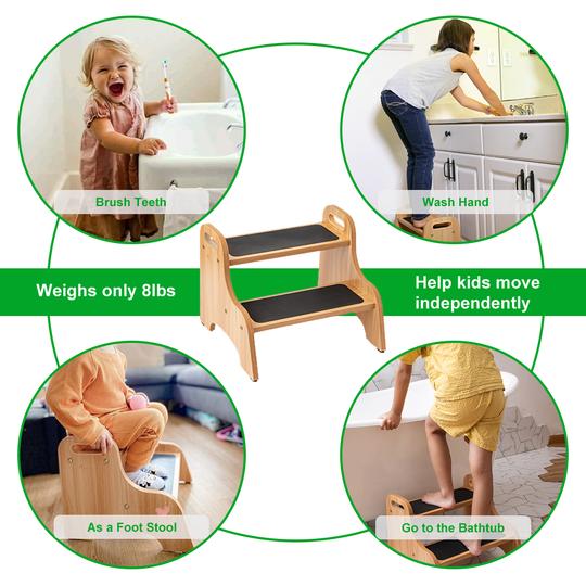 StrongTek Wood 2 Step Stool for Kids, Non-Slip, Portable, Up to 300lbs
