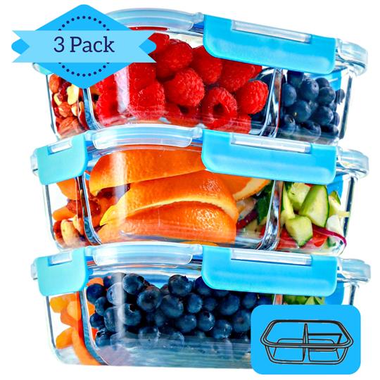 3 Compartment Glass Meal Prep Containers with Lids | BENTO BOXES | FOOD ...