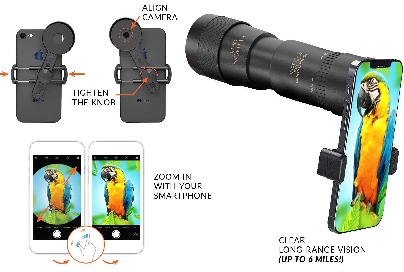 Python Optic HD (Clear Vision) Monocular Telescope 12x45 with Phone Holder + Flexible Tripod ...