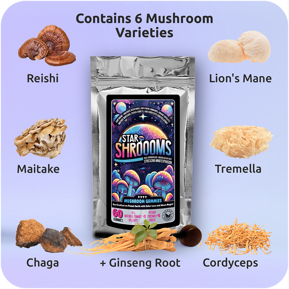 Starshroooms x60 Mushroom Gummies | Blackcurrant | 6 Mushrooms + Ginse ...