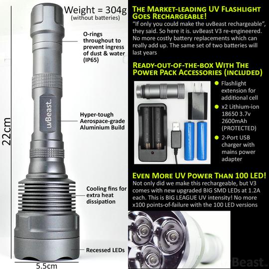 uvBeast Black Light UV Flashlight V3 385-390nm Rechargeable 18650 Batt