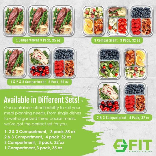 1 & 2 & 3 Compartment Glass Meal Prep Food Storage Containers with Lids ...
