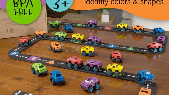 Alphabet Race Car Track Set, 26 Cars in 6 Colors, 15 Alphabet Car Trac ...