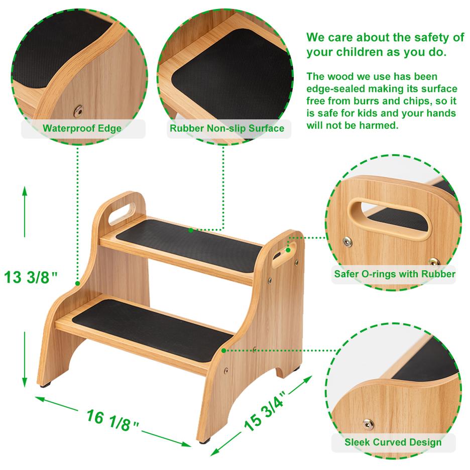 StrongTek Wood 2 Step Stool for Kids, Non-Slip, Portable, Up to 300lbs