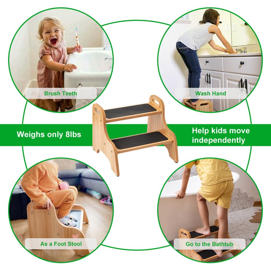 StrongTek Wood 2 Step Stool for Kids, Non-Slip, Portable, Up to 300lbs