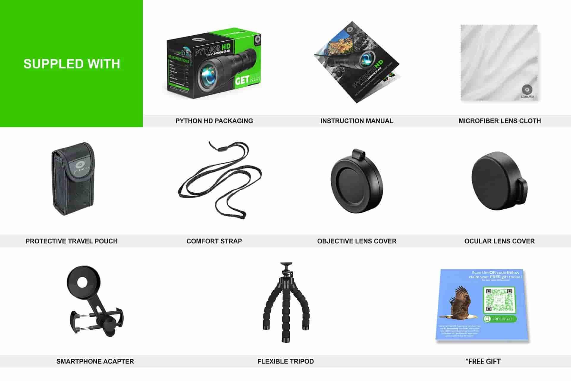 Python Optic HD (Clear Vision) Monocular Telescope 12x45 with Phone Holder + Flexible Tripod ...